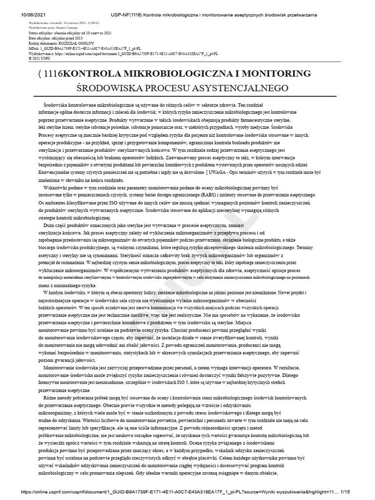 USP 1116 - Monitorowanie Środowiska | PDF