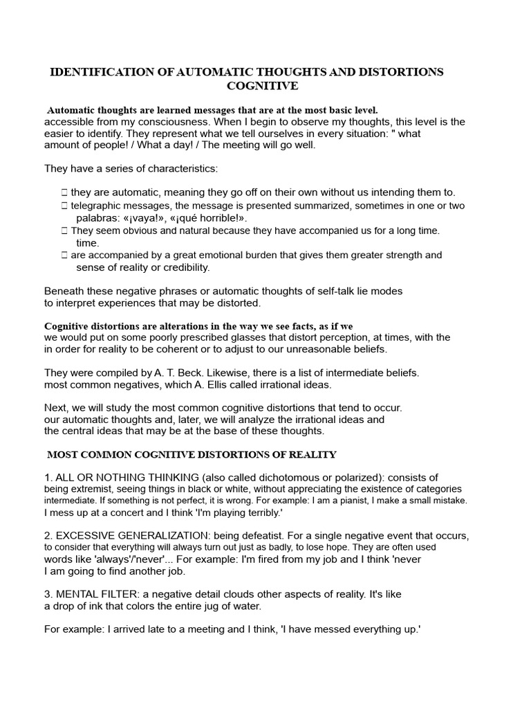 Identification of Automatic Thoughts and Cognitive Distortions | PDF ...
