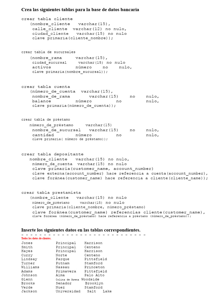 Ejercicio 1 Del Laboratorio de Base de Datos Bancaria | PDF | Bases de datos | SQL