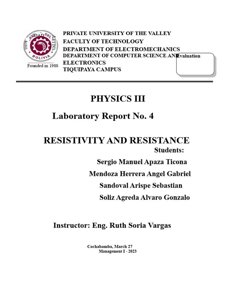 Physics Iii Laboratory Report No. 4 Resistivity and Resistance | PDF ...