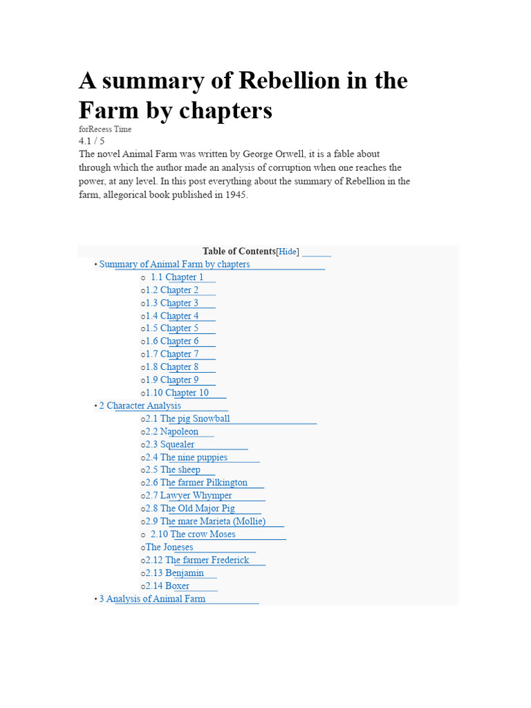 A Summary of Animal Farm by Chapters and Character Analysis | PDF