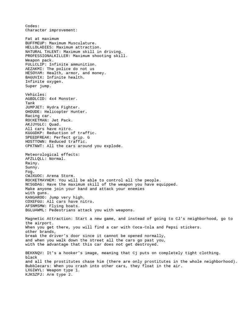 GTA San Andreas Cheats | PDF