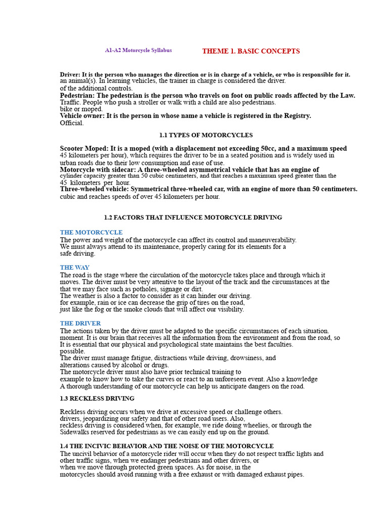 A1 Motorcycle Syllabus | PDF | Traffic | Road