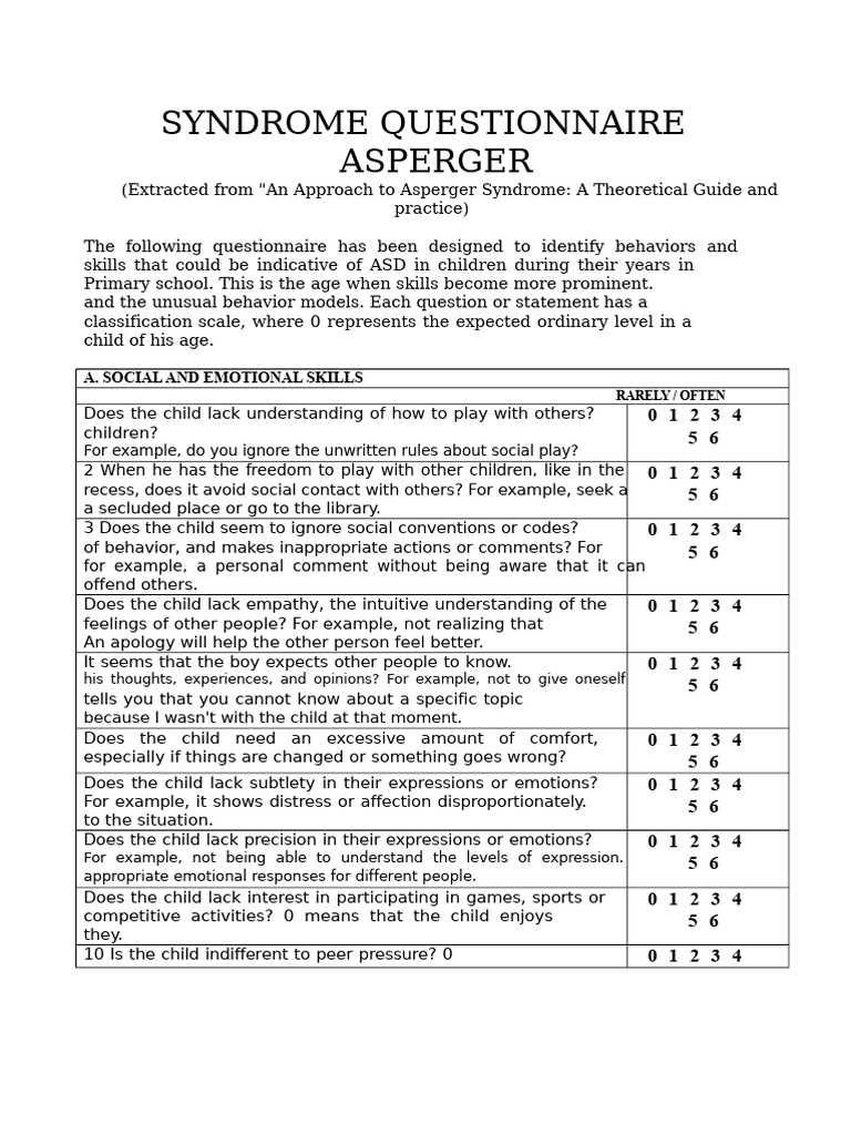 Asperger Syndrome Behavior Questionnaire | PDF | Asperger Syndrome ...