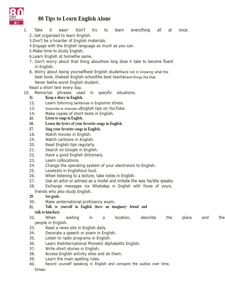 80 Tips To Learn English On Your Own | PDF | English Language | Linguistics