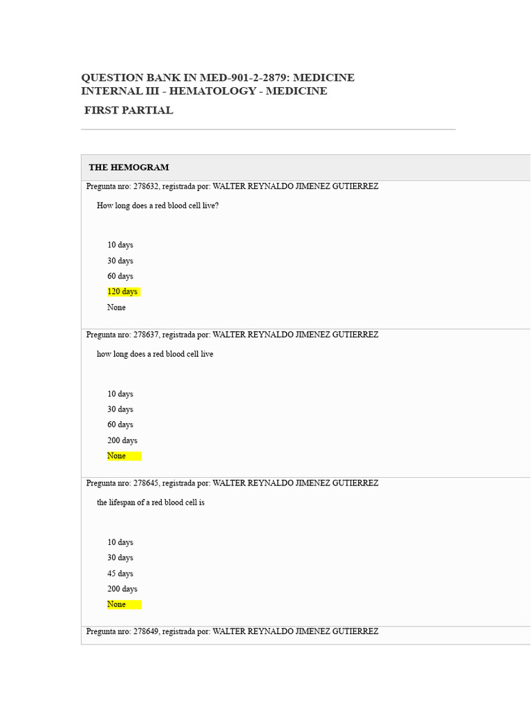 Hematology Question Bank-1 | PDF | Haematopoiesis | Anemia