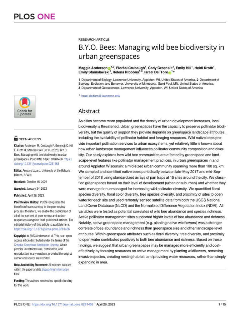 2023.b y o Bees Managing Wild Bee Biodiversity in Urban Greenspaces ...