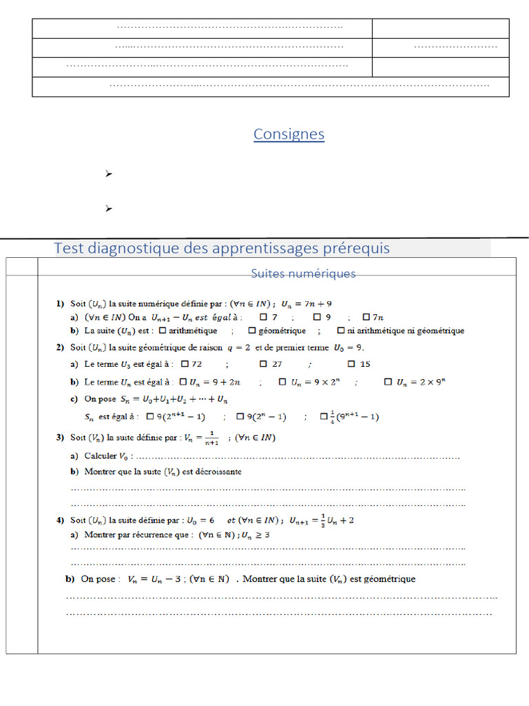 Test Diagnostique en Mathématiques 2025 | PDF