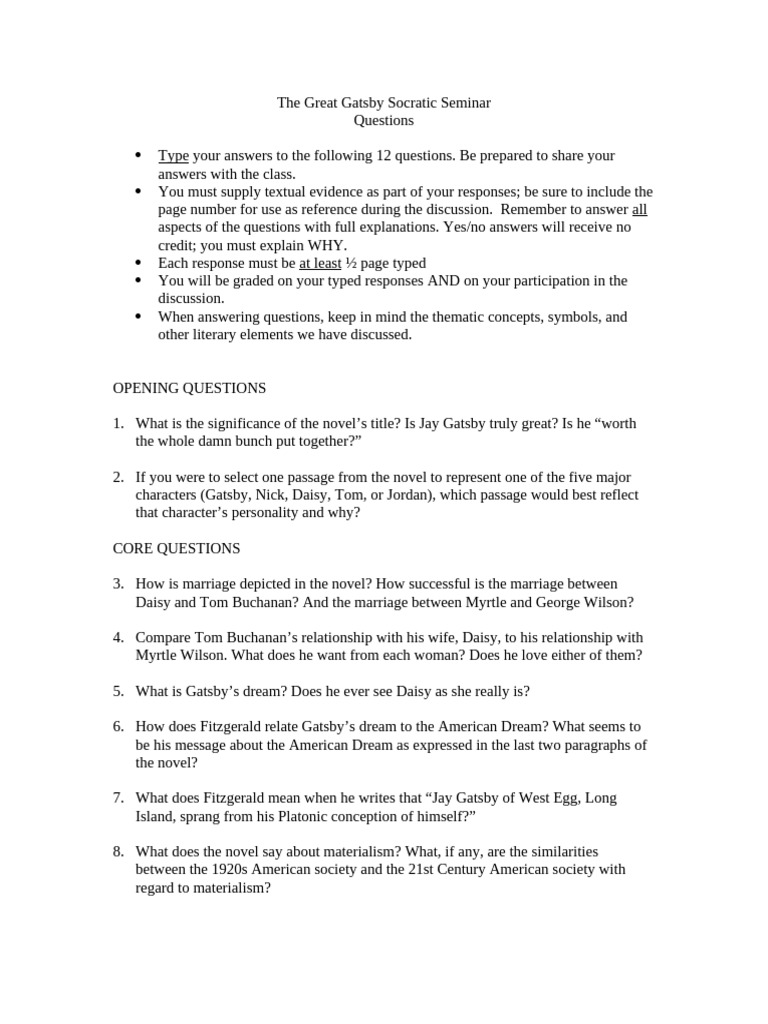 The Great Gatsby Socratic Seminar | PDF | The Great Gatsby