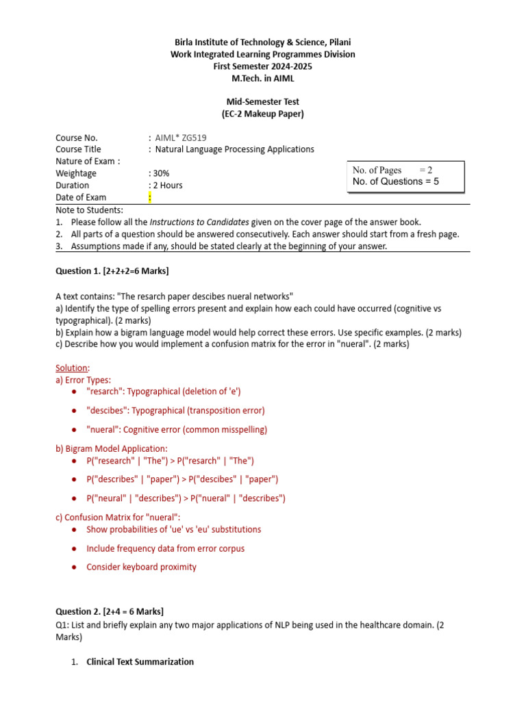 NLP Applications Midsem Paper Feb 2025 Makeup Solution-1 | PDF | Human Communication | Computing