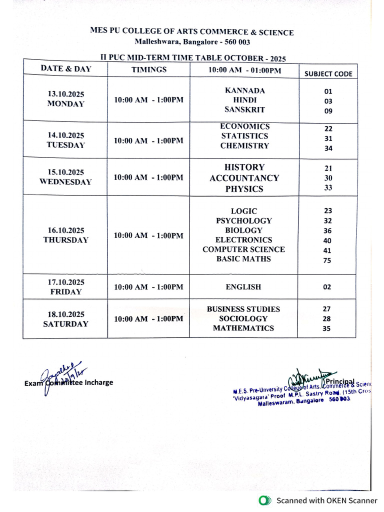 II Puc Mid-Term Time Table 2025 | PDF