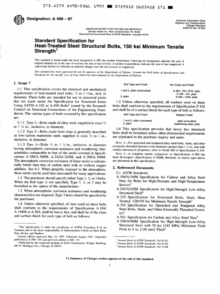 ASTM A490 Standard Overview | PDF