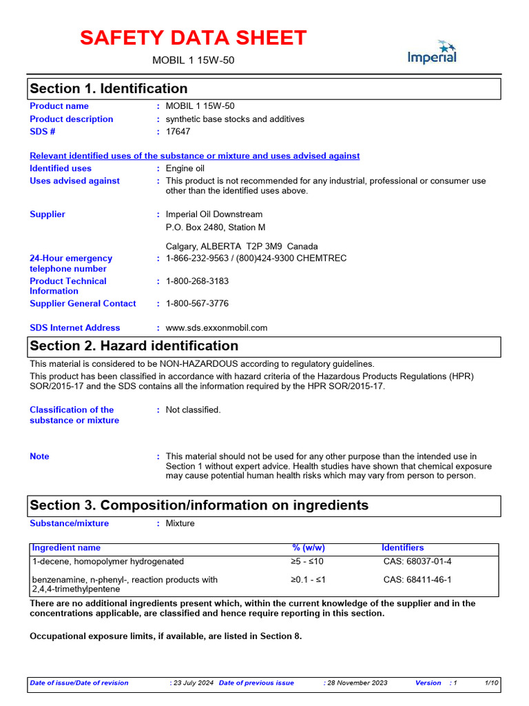 Mobil 1 15W-50 Safety Data Sheet | PDF | Firefighting | Waste Management