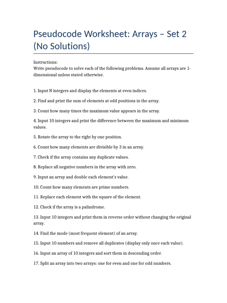 Pseudocode Array Worksheet Set2 | PDF