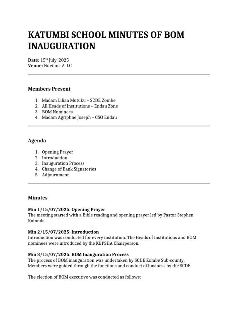 Katumbi School BOM Inauguration Minutes | PDF
