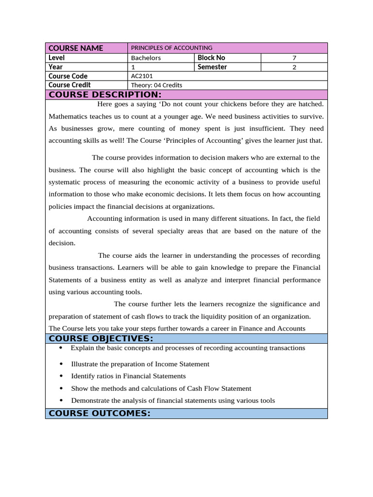 Principles of Accounting Course Overview | PDF | Balance Sheet ...