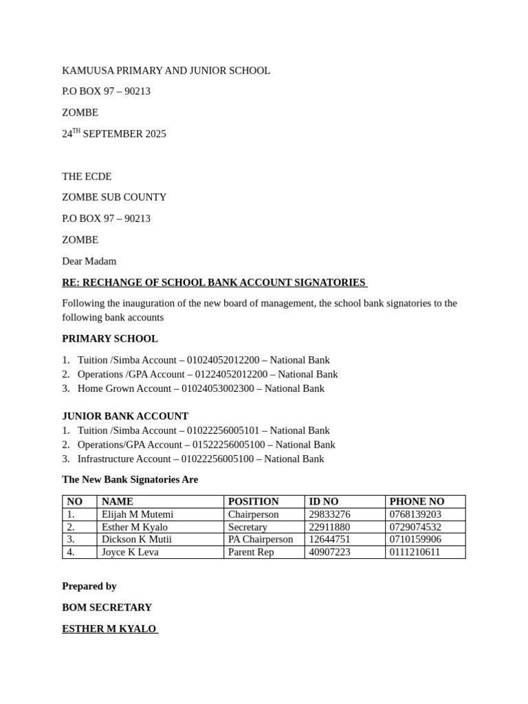 School Bank Account Signatories Update | PDF