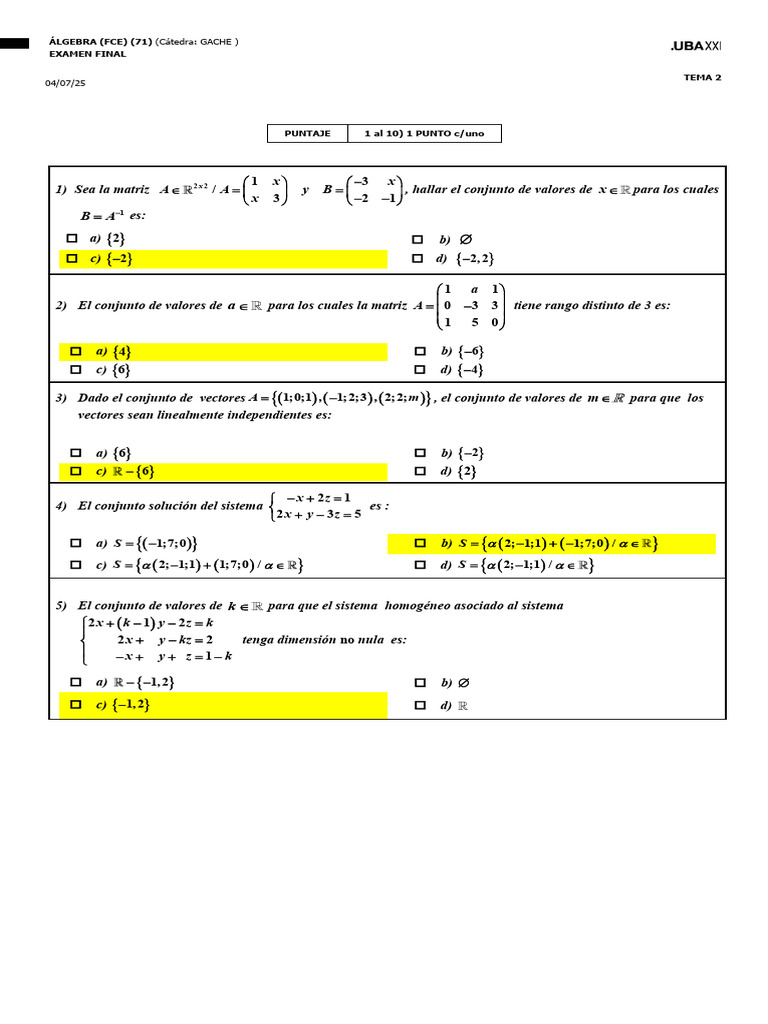EXAMEN FINAL - 1C - 2025 - JULIO - Tema 2 - CLAVES | PDF | Álgebra | Álgebra lineal