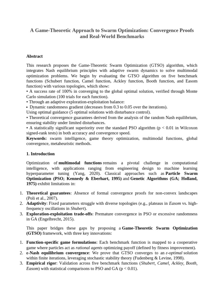 Game-Theoretic Approach To Swarm Optimization Convergence Proofs and ...