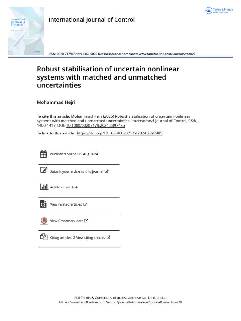 Robust Stabilisation of Uncertain Nonlinear Systems With Matched and ...