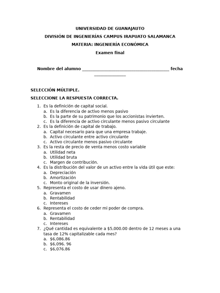 Ing Eco Examen Final | PDF | Interés | Hoja de balance
