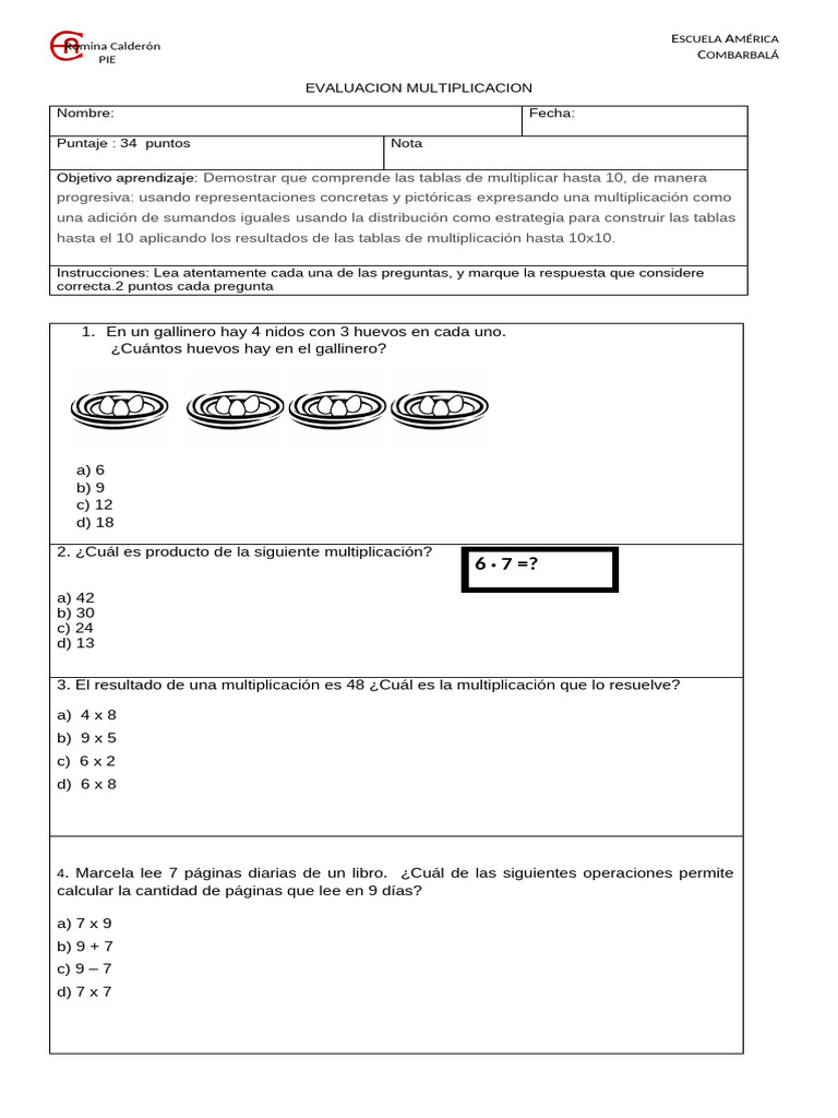 Evaluacion Matematica-Multiplicacion | PDF | Multiplicación | Matemáticas