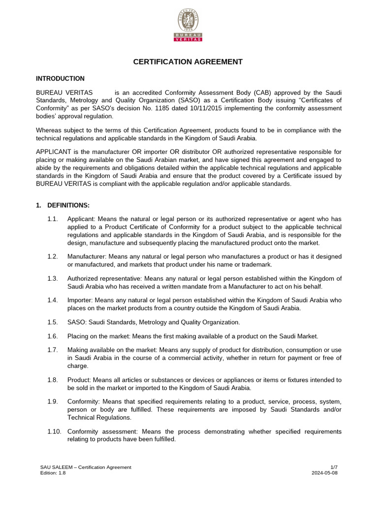 Certification Agreement for Saudi Products | PDF | Indemnity ...