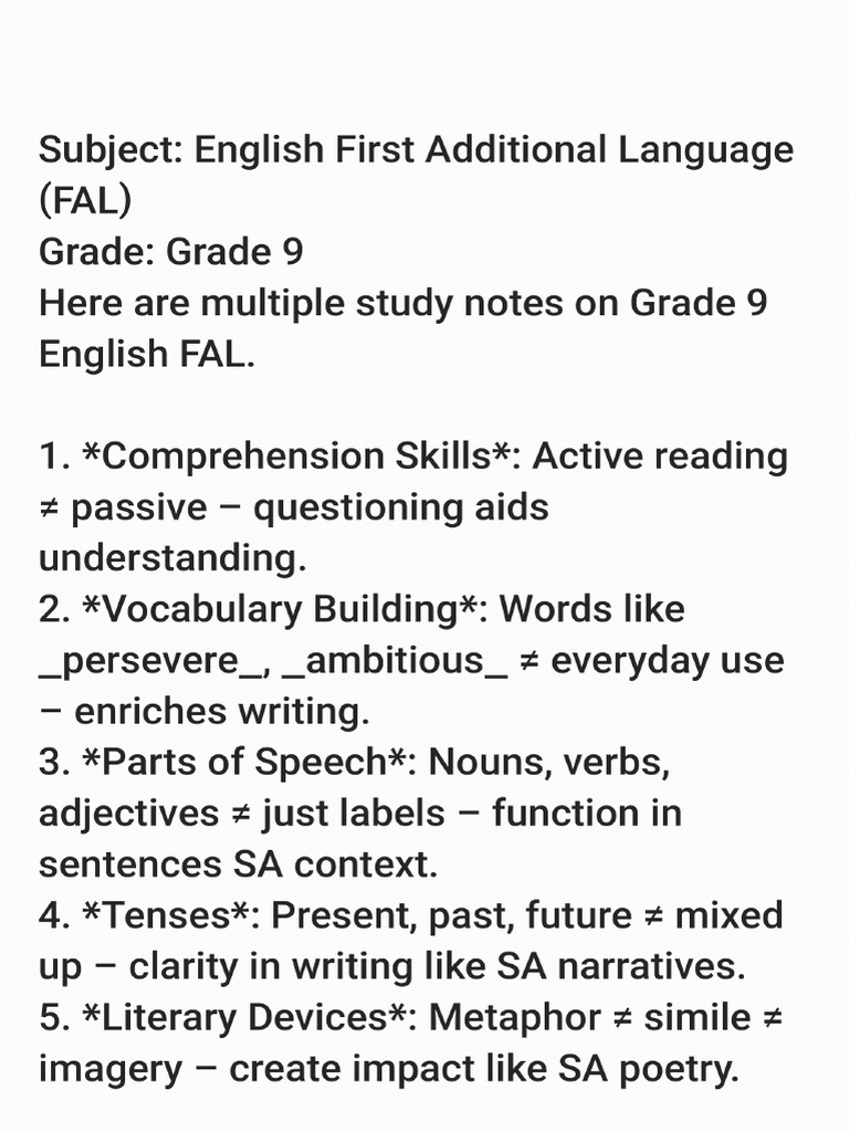 English Fal Gr9 Study Notes - 251001 - 221323 | PDF