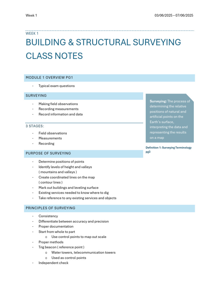 Week 1 Surveying Class Notes | PDF | Surveying | Geographical Technology