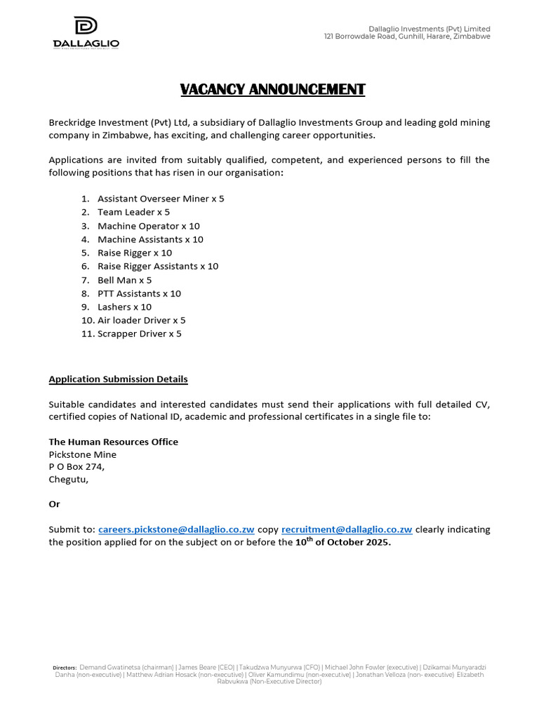 Dallaglio Mining Job Vacancies 2025 | PDF