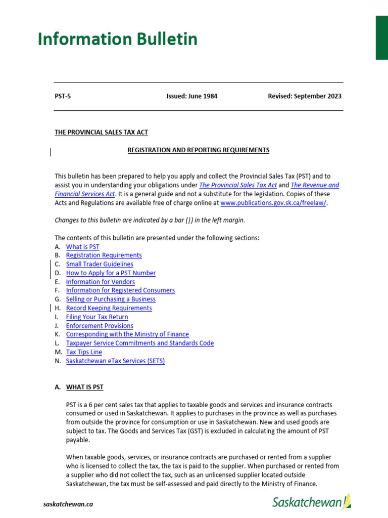 Saskatchewan PST Registration Guide | PDF | Taxes | Sales Taxes In The ...