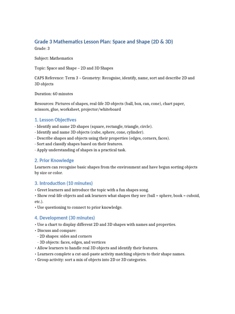Grade 3 Space and Shape Lesson Plan | PDF