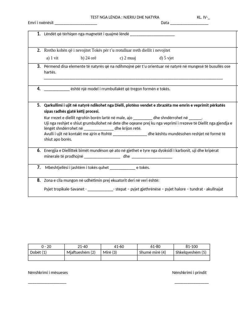 TEST Nga Lenda Njeriu Dhe Natyra KL IV Qershor 2025 | PDF