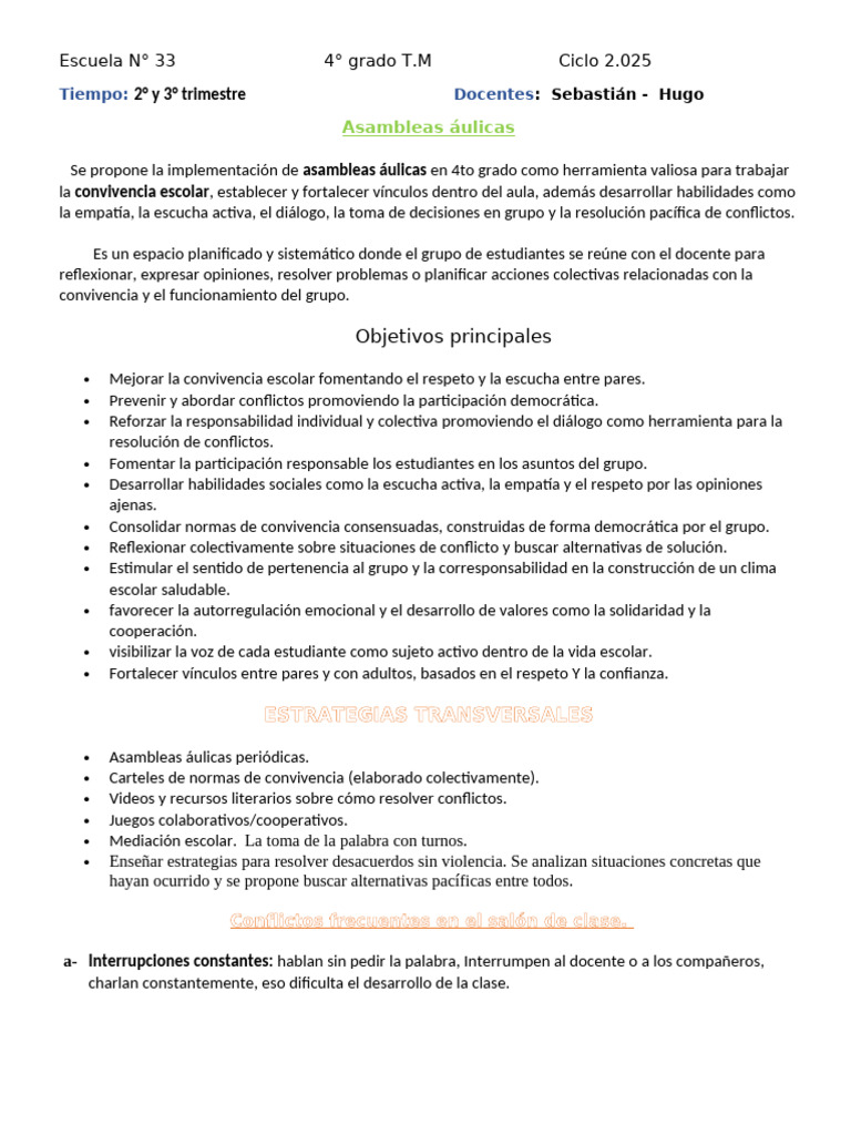Asambleas Aúlicas... 4to | PDF | Salón de clases | Las emociones