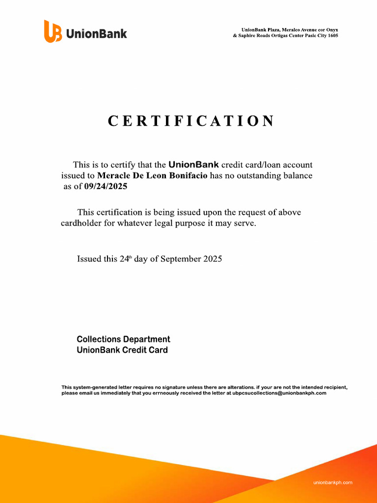 UnionBank Balance Certification Letter | PDF