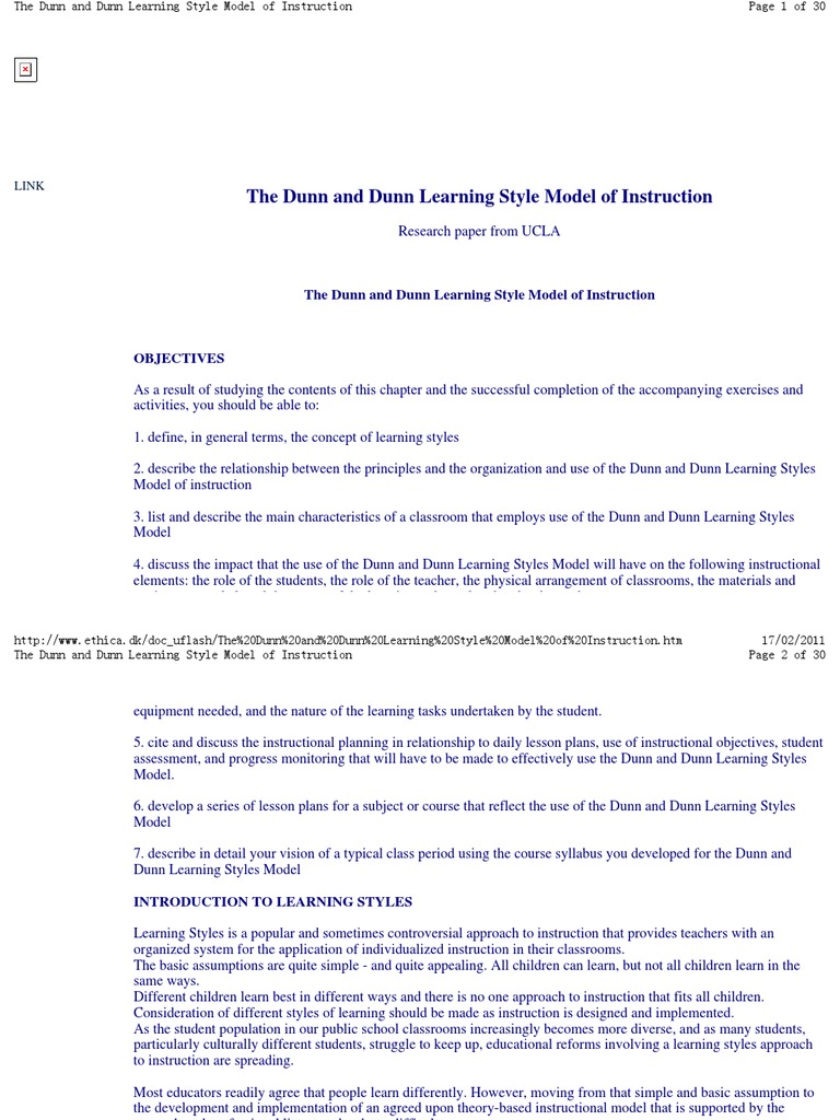The Dunn and Dunn Learning Style Model On Instruction | PDF | Learning ...