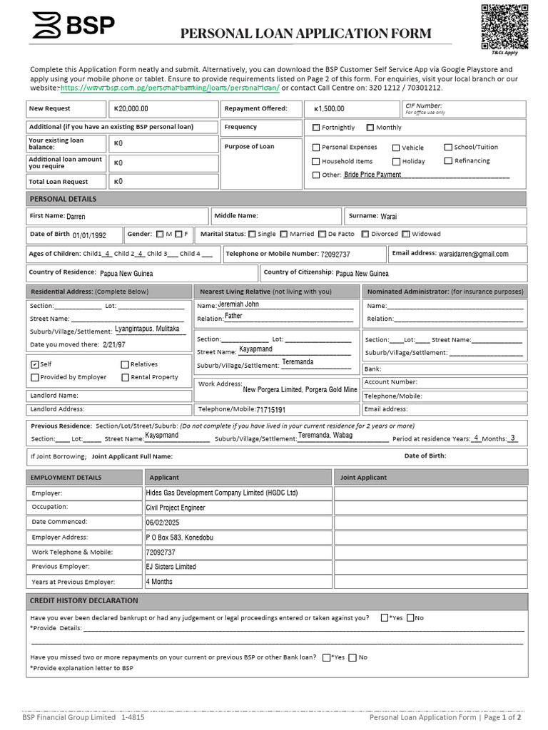 BSP Personal Loan Application Form 2025 | PDF | Expense | Loans