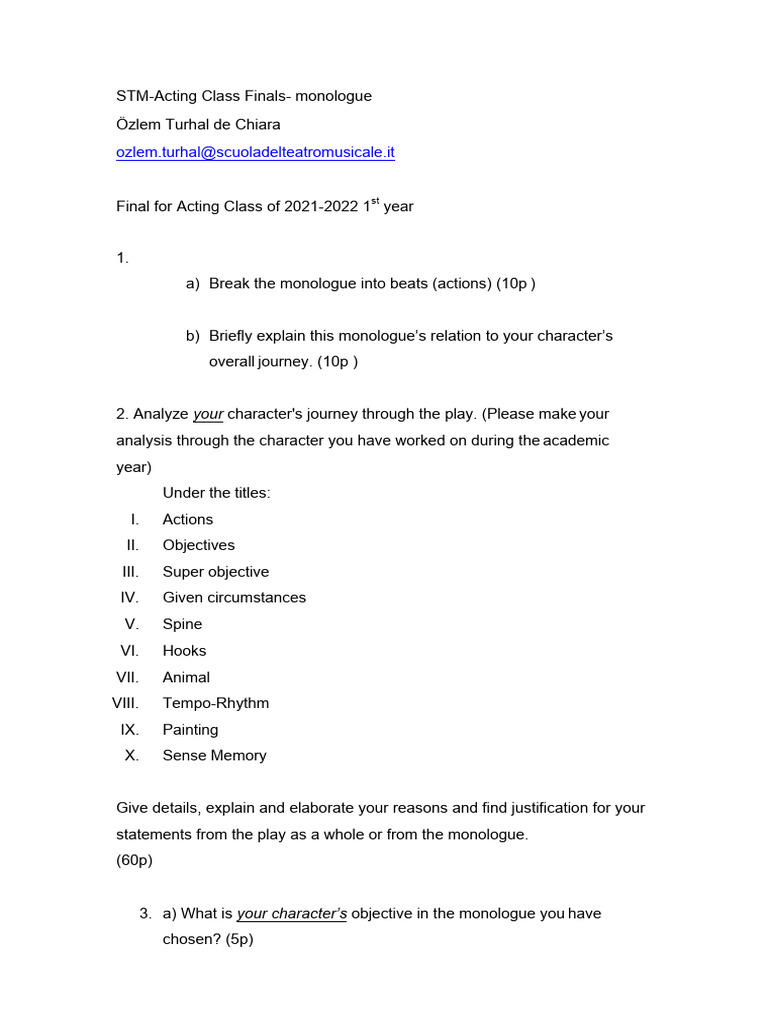 Acting Class Monologue Analysis Guide | PDF