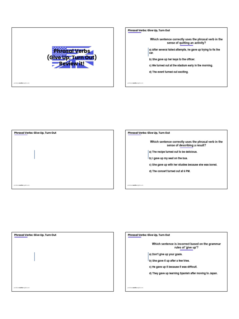 Phrasal+Verbs +give Up Turn Out REVIEW IT and WORKBOOK | PDF | English ...