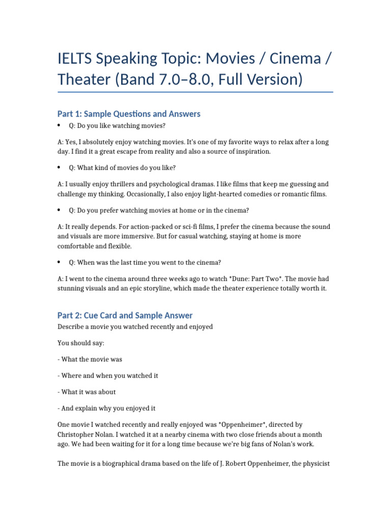 IELTS Speaking: Movies & Cinema Tips | PDF | Cinematography | Movie Theater