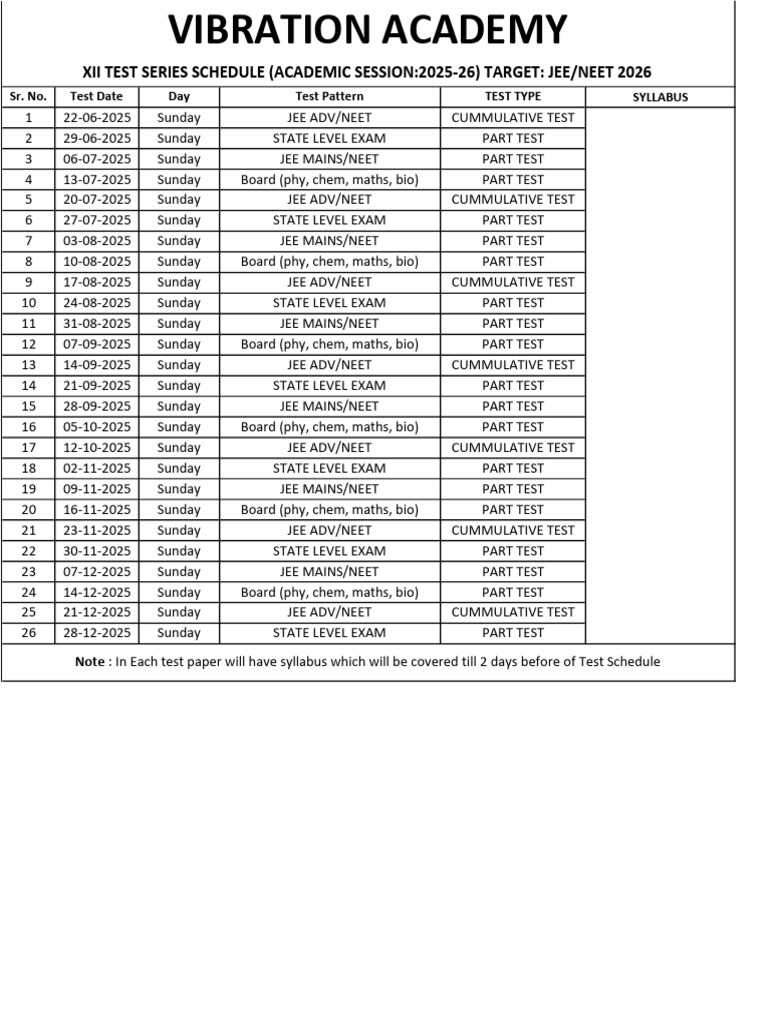 JEE/NEET 2026 Test Series Schedule | PDF | Vocational Education ...