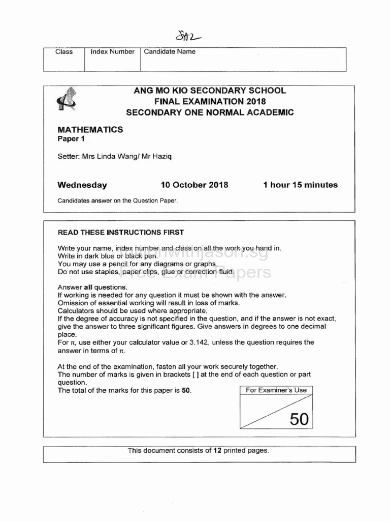 Math - Sec 1 NA - SA2 - 2018 - Ang Mo Kio Sec | PDF