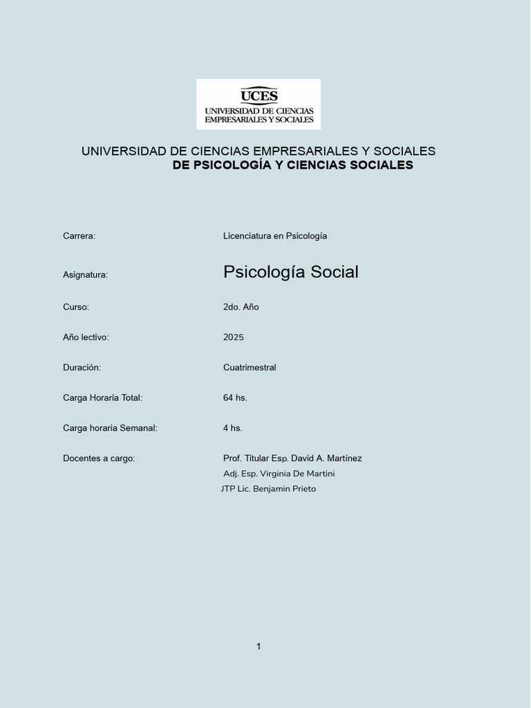 2025 - Psicolog-A Social - Uces DM | PDF | Sicología | Psicología Social