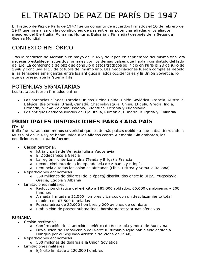 Tratado de Paz de París 1947: Consecuencias | PDF | Potencias del Eje ...