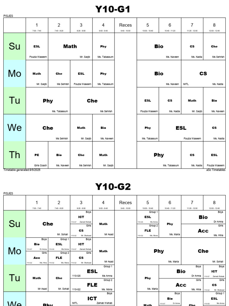 Y10-Girls Timetable 789091812 | PDF