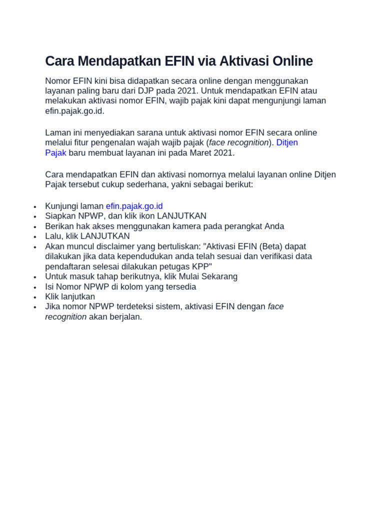 Cara Mendapatkan Nomor EFIN Online | PDF