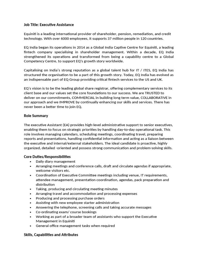 Executive Assistant Job Description | PDF | Business