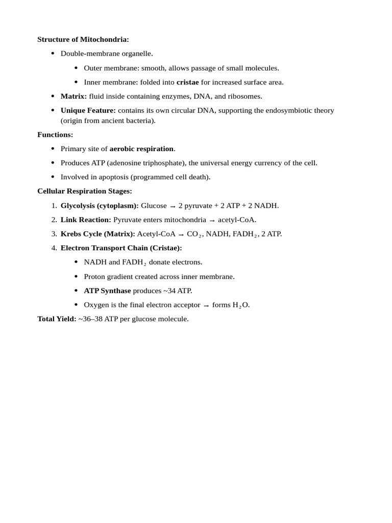 Biology Notes - Mitochondria and Cellular Respiration | PDF