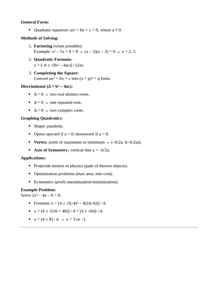 Math Notes - Quadratic Equations & Their Properties | PDF