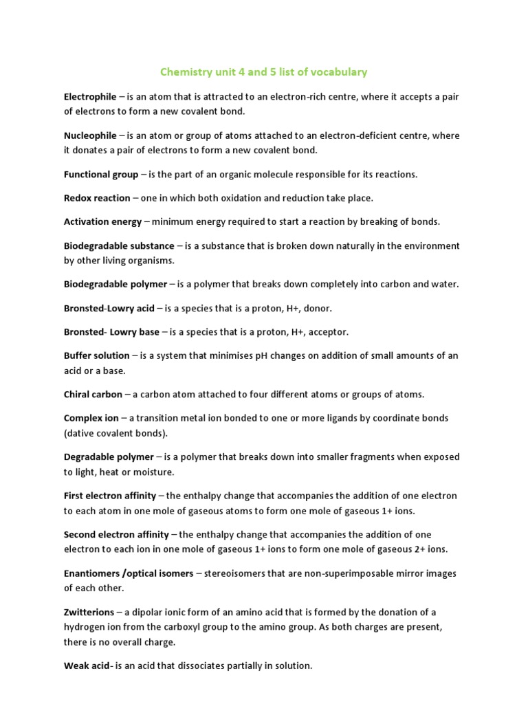 Chemistry Unit 4 and 5 List of Vocabulary | PDF | Chemical Reactions ...